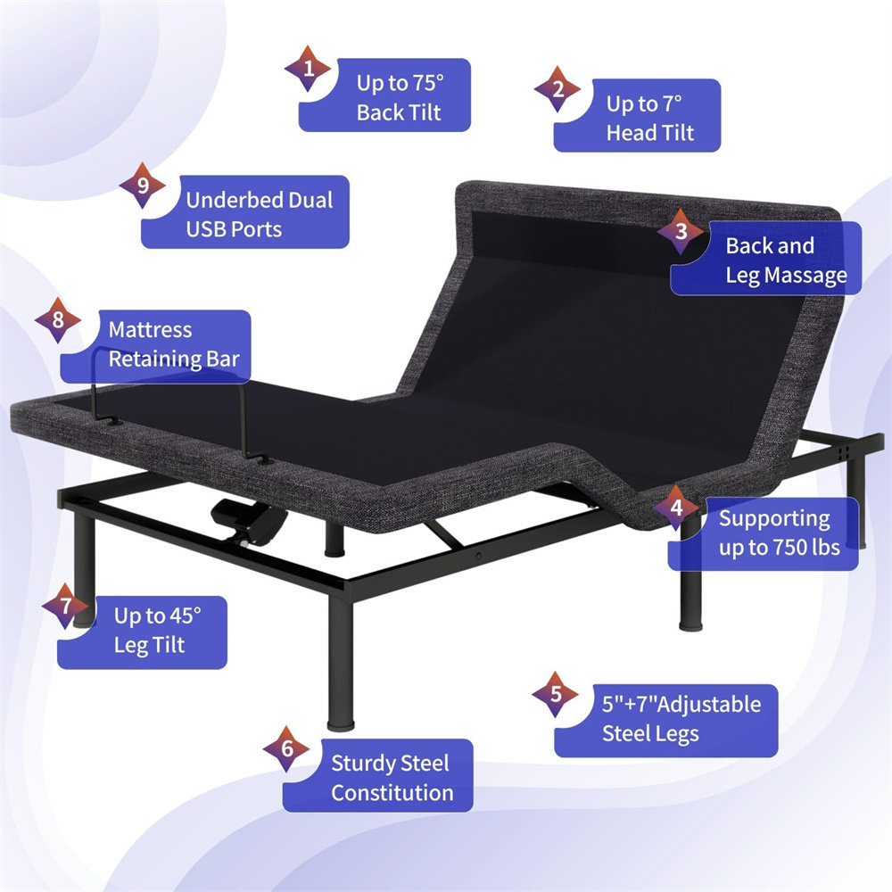 Alwyn Home Adjustable Bed Frame With Thickened Frame, Head And Foot Lift, Head-Pillow-Tilt ...